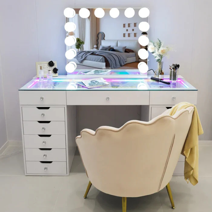 VANITII Eva Vanity Desk - 13 Storage Drawers with Full Light & RGB ...